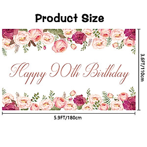 Vlipoeasn Elegant White Happy 90th Birthday Decorations for Women Rose Gold Flower Peony Photography Backdrop for 90th Birthday Party Surprise for Mother Cheers to 90 Years Old Birthday Party Supplies