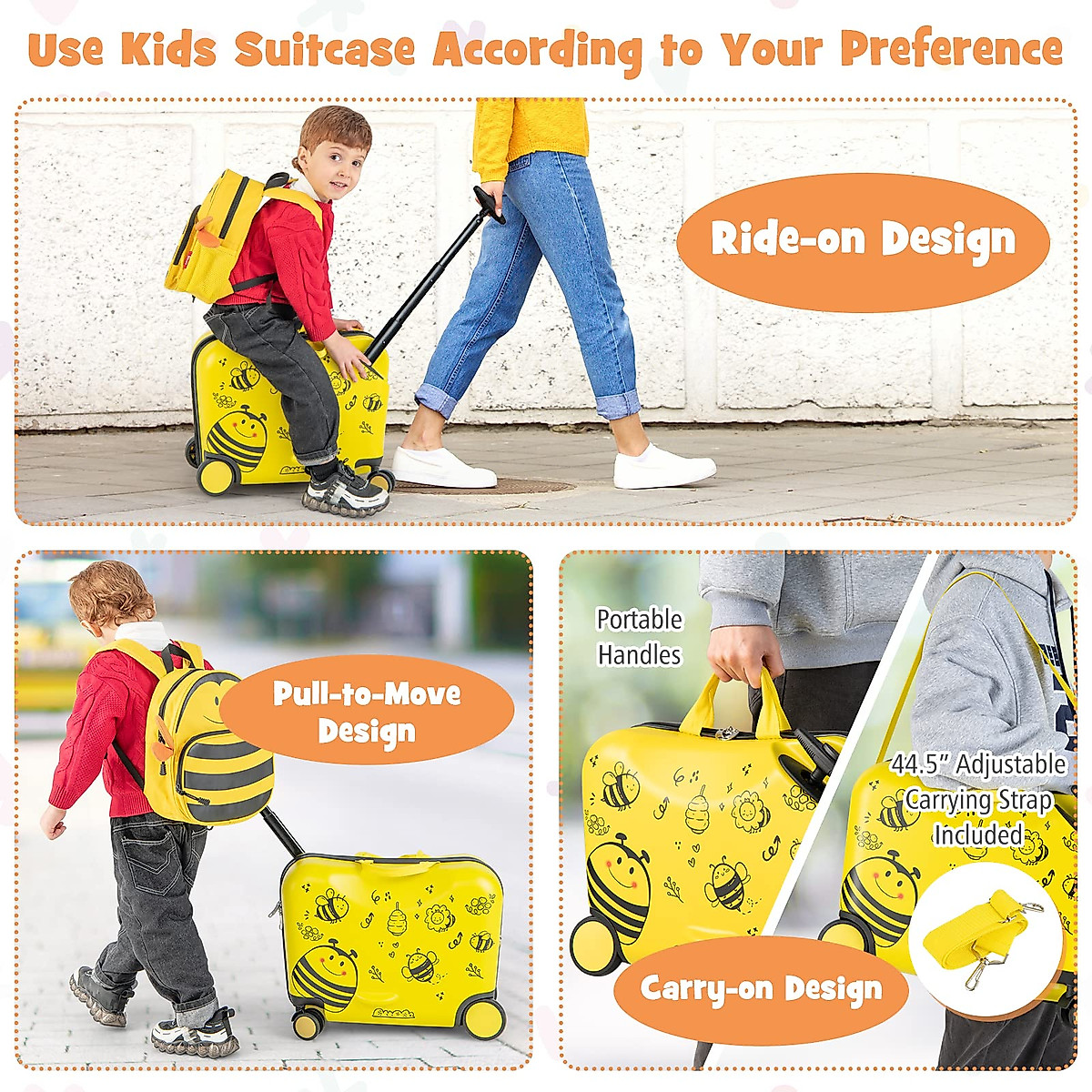 HONEY JOY 12" Bee Themed Kids Travel Backpack & 18" Hardside Suitcase with Wheels, Yellow, 2 Pcs