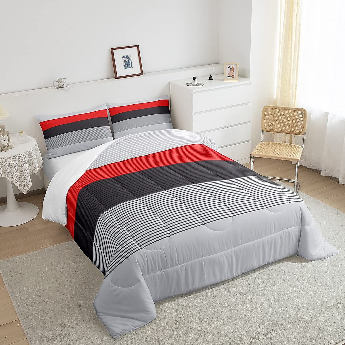 Erosebridal Stripes Duvet Insert for Women, Gray and Black Red Patchwork Striped Bedding Set, Modern Abstract Art Comforter Set Ombre Bright Gray Stripes Quilt Farmhouse Decorations, Queen Size