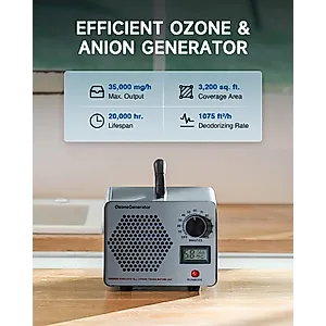 CREWORKS Ozone Generator, 35000 mg/h High Capacity Ozone Machine for Car Home Smoke Pet Odor Removal, Commercial Ozone Odor Eliminator Air Purifier with Timer Display for 3200 sq ft Room, Silver