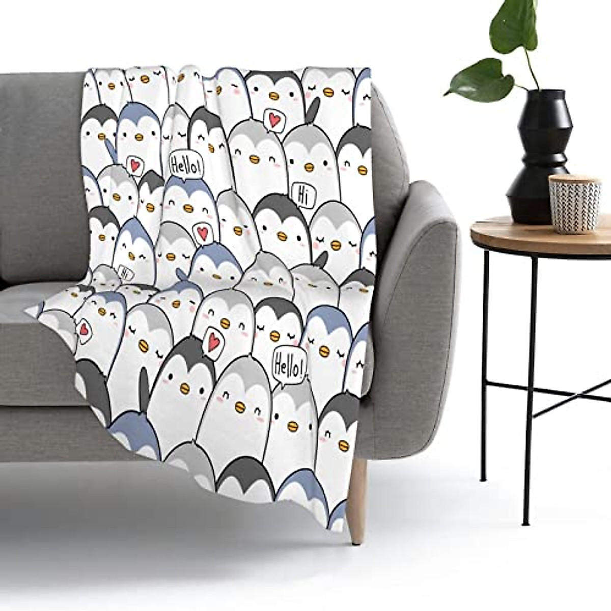 Cute Penguin Greeting Flannel Fleece Blanket Super Soft Cozy Plush Blankets Lightweight Microfiber Throw Blanket for Couch Sofa Bed