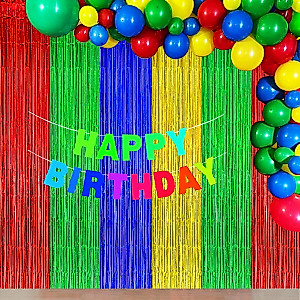Blue Red Green Yellow Party Decorations, Blue Red Green Yellow Foil Fringe Backdrops Streamer Tinsel Curtains for Graduation Boys Girls Birthday Baby Shower Party Decor (3Pack)