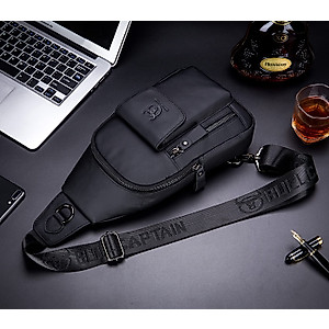 BULLCAPTAIN Men Genuine Leather Shoulder Sling Bag Daypack Casual Multi- pocket Crossbody Chest Bag Travel Hiking Backpacks (Black)