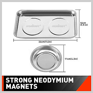 HORUSDY 4-Piece Large Magnetic Parts Tray Set, Stainless Steel Heavy Duty 9.5"W x 5.5''L Square and 4.5" Round Magnetic Trays Tools Parts Tray