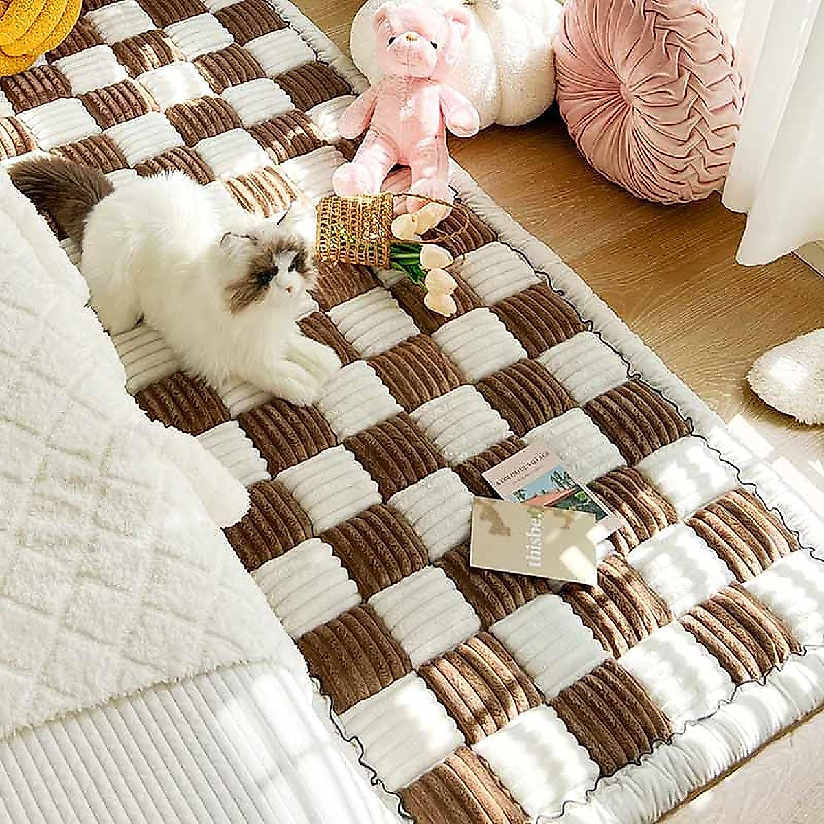 INFLAG Cream-Coloured Large Plaid Square Pet Mat Bed Couch Cover, Funny Fuzzy Couch Cover, Garden Cotton Protective Couch Cover Adapt for Dog Bed Covers (Brown,27.6 * 59.06 in)