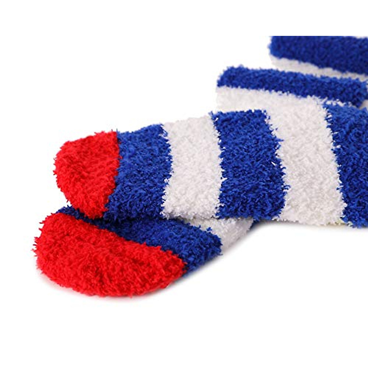 MOGGEI Womens Thigh High Fuzzy Socks Over Knee High Striped Stocking Stuffers Fluffy Cozy Slipper Fleece Gift Socks 2 Pairs (Blue & White Striped)