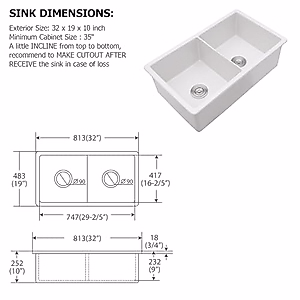 Dcolora 32 Inch White Fireclay Kitchen Sink Porcelain Double Bowl 50/50 Split Undermount Sinks Dual Mount Ceramic Sink Under Counter DC-U7737