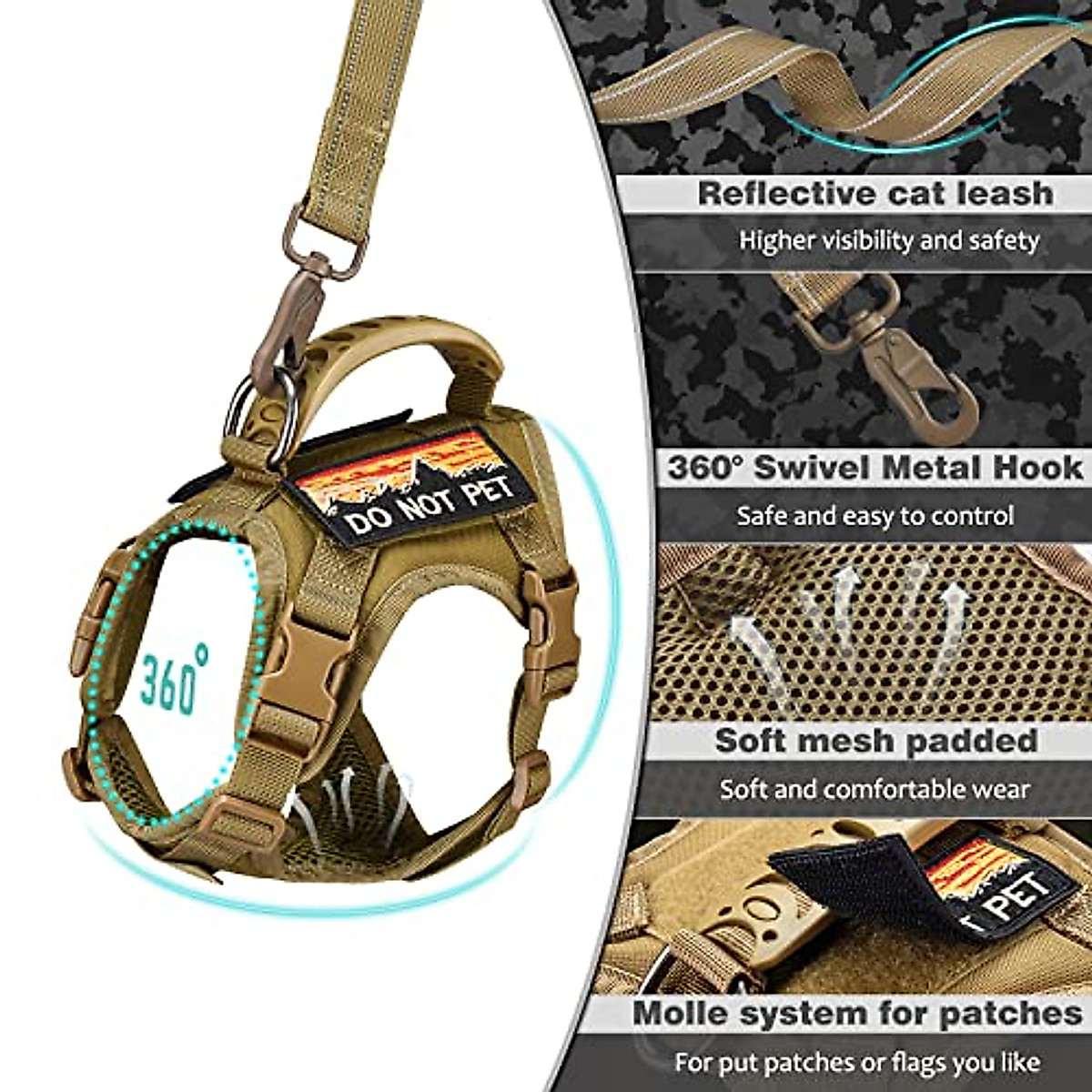 nanappice Tactical Cat Harness and Leash for Walking Esacpe Proof,Adjustable Soft Mesh Large Cat Vest with Rubber Handle Easy to Control,Molle Pathes