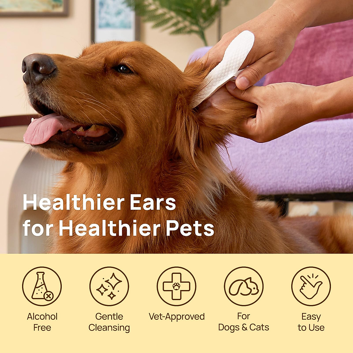 HICC PET Ear Finger Wipes for Dogs & Cats - Gently Remove Ear Wax, Debris - Sooths & Deodorizes - Relieve Ear Itching & Inflammation, All Natural Ingredients, Fragrance Free - 100 Count