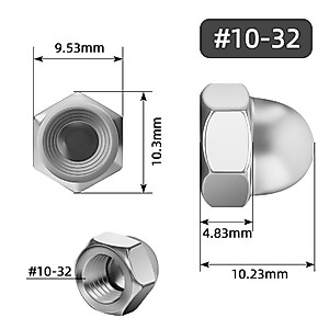 #10-32 Acorn Hex Cap Dome Head Nuts, 304 Stainless Steel 18-8, Bright Finish, Pack of 50