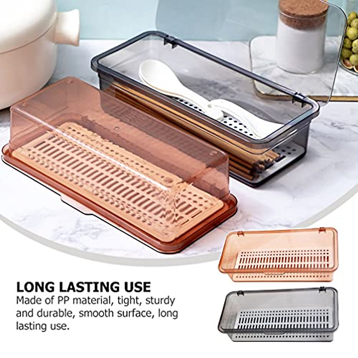2Pcs Plastic Flatware Tray with Lid Chopsticks Drain Rack Kitchen Cutlery Utensil Drawer Colander Drying Holder Organizer Basket 28X13CM