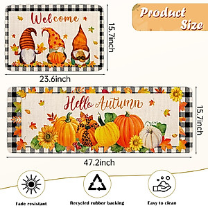 Svepndic Set of 2 Fall Decorative Kitchen and Mats,Hello Fall Pumpkin Maple Leaves Kitchen Rugs,Buffalo Plaid Autumn Non-Slip Doormats for Outdoor Indoor Thanksgiving Kitchen Decor