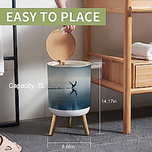 Small Trash Can with Lid Spring landscape with takeoff Loon misty morning Bird were scattered Garbage Bin Round Waste Bin Press Cover Dog Proof Wastebasket for Kitchen Bathroom Living Room 1.8 Gallon