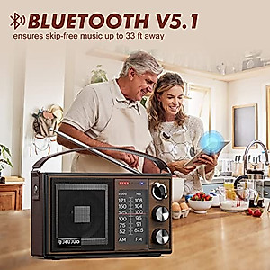 JEUJUG Radio Portable AM FM Radio Vintage/Retro, Bluetooth5.1 Speaker Built-in Rechargeable Battery, Plug in Wall or D Battery Operated Radio PU Leather Handle with Aux in/Headphone Jack