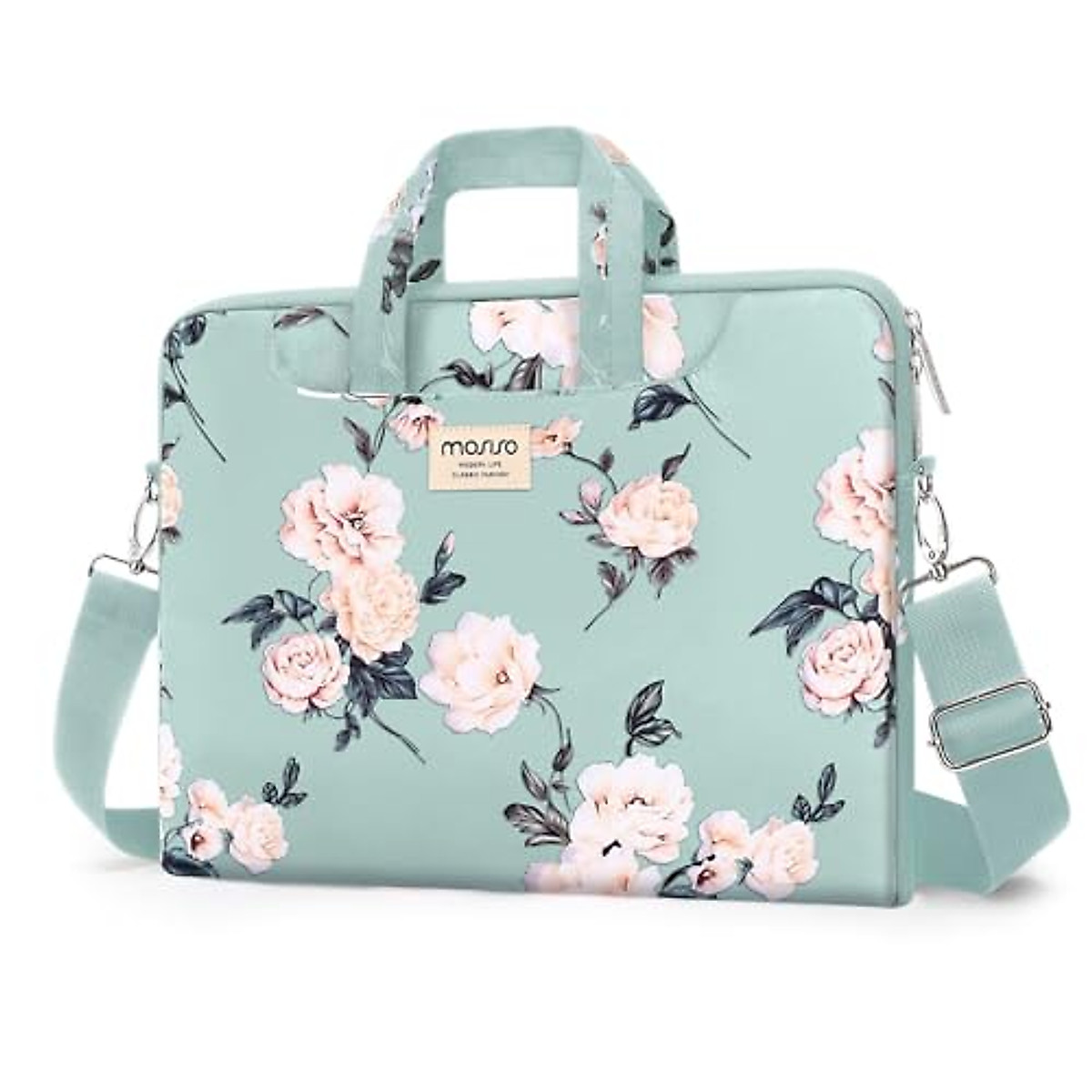 MOSISO Laptop Shoulder Bag Compatible with MacBook Air 15 inch M3 M2/Pro 16 M4 M3 M2 M1 2025-2019,15-15.6 inch Notebook, Camellia Carrying Sleeve with Belt, Green