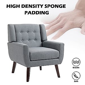 UIXE Comfy Arm Accent Chairs for Bedroom, Mid Century Modern Armchair Living Room Sofa Chair with Wooden Legs, Linen Fabric Button Tufted Upholstered Reading Chair for Home Office (Gray)