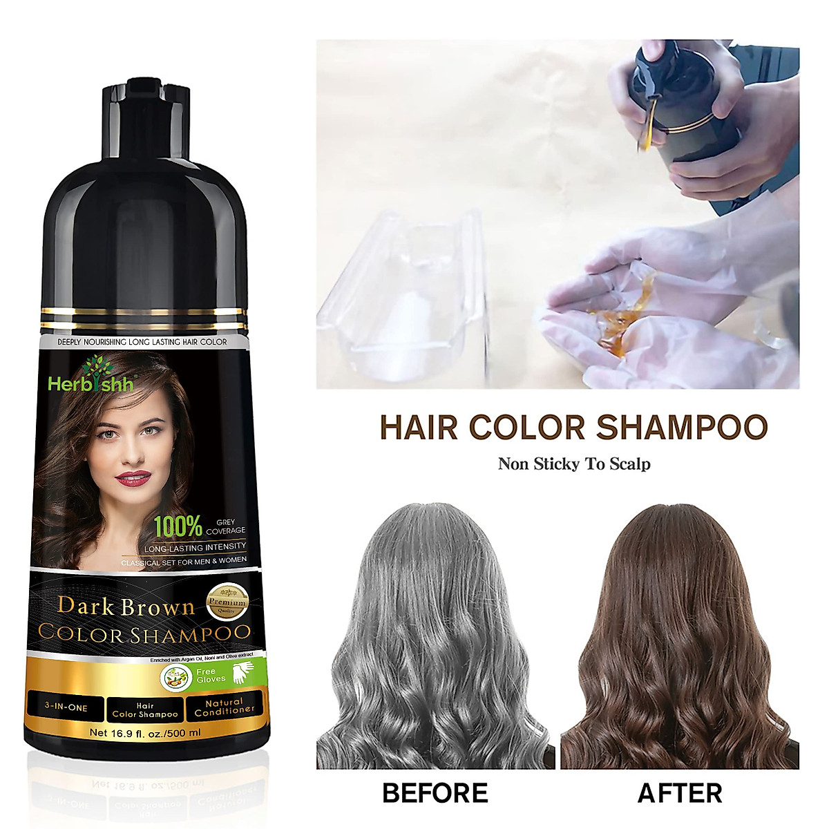 Herbishh Hair Color Shampoo - Magic Dye for Gray Hair, Lasting Color in Minutes - 500 Ml, 3-In-1, Ammonia-Free (Dark Brown)