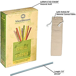 VinaStraws Biodegradable Cereal Straws, 150 pcs Multi Colorful Dringking Straw with Gift Canvas Bag, Eco Friendly Compostable, Alternative to Plastic Straws, Green