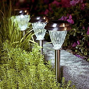 DAMAYCA 6 Pack Solar Lights Outdoor for Garden Pathway Walkway Driveway Sidewalk Yard Stainless Steel Glass Landscape Lights Solar Powered for Landscape Lighting. (Silver, Warm Light)