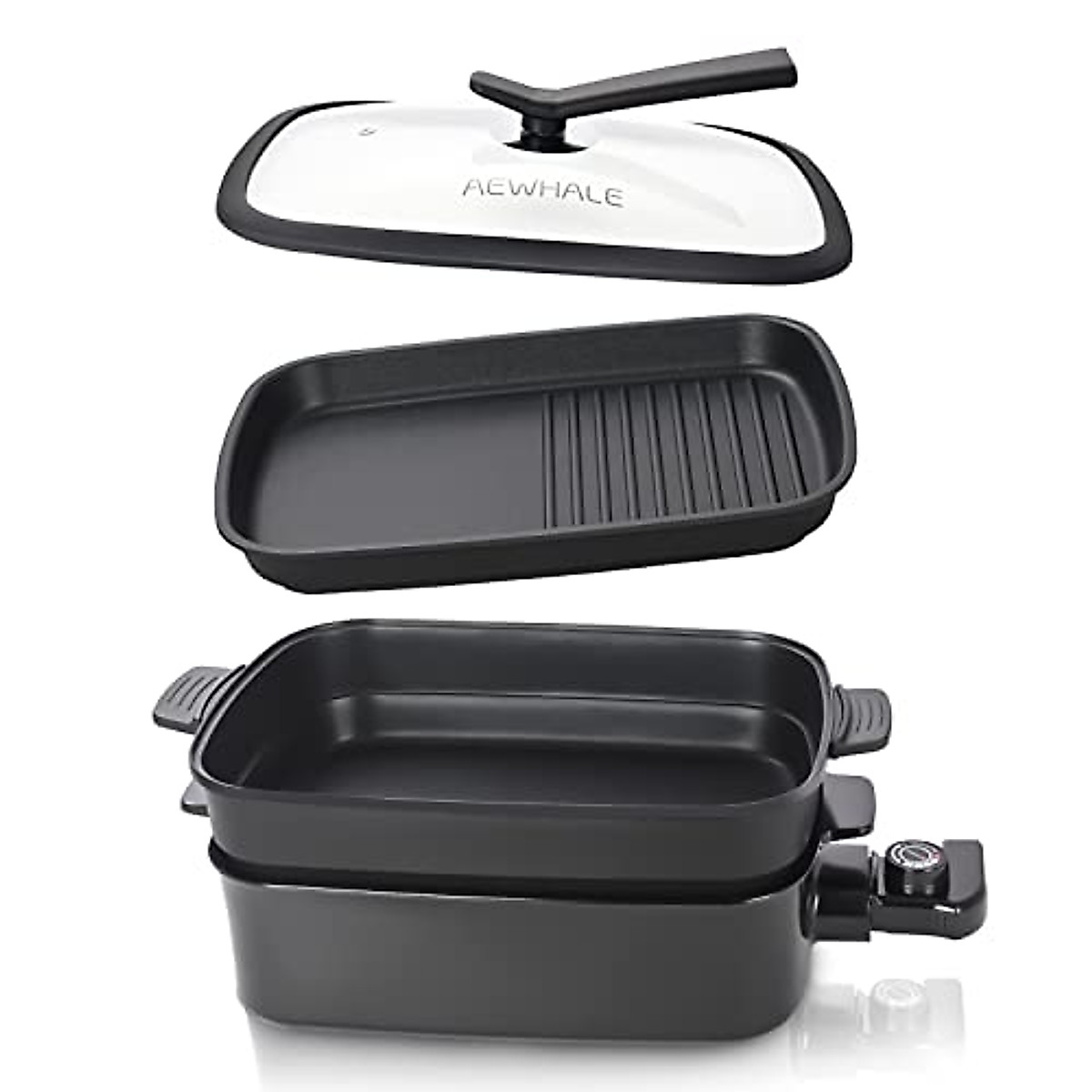 AEWHALE 2-in-1 Multifunctional Electric Grill,Indoor Smokeless Electric Griddle Electric Skillet with Removable Non-Stick Plate+Pot+Lid,1400W Adjustable Temperature Party Griddle