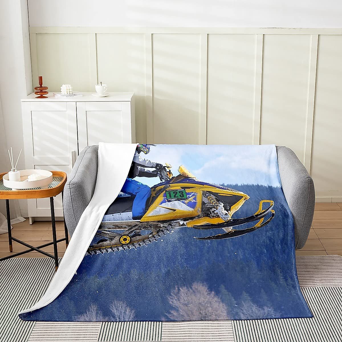 Snowmobile Pattern Fleece Throw Blanket Kids,Winter Extreme Sports Flannel Fuzzy Blanket for Bed Sofa Couch,Sports Theme All Season Bed Blanket Breathable Plush Blanket Room Decor 40"x50"