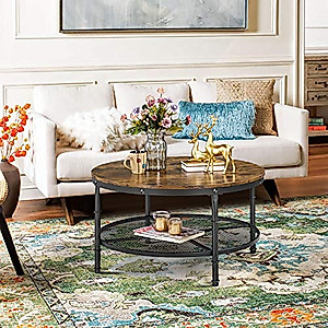 Yaheetech 35.5 inch Round Coffee Table, 2-Tier Rustic Wood Coffee Table for Living Room, Industrial Center Table with Metal Frame and Wood Desktop,Easy Assembly, Rustic Brown