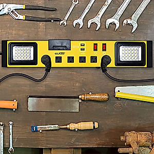 Digital Energy 6 Outlet Heavy Duty Workshop Surge Protector Power Strip with Lighting - AC 15A 125V 60Hz 1875W SJT 14AWG/3C - 2 USB Ports DC 5V 3.4A - 2 LED Lamps 500 Lumen 20W - 25 FT