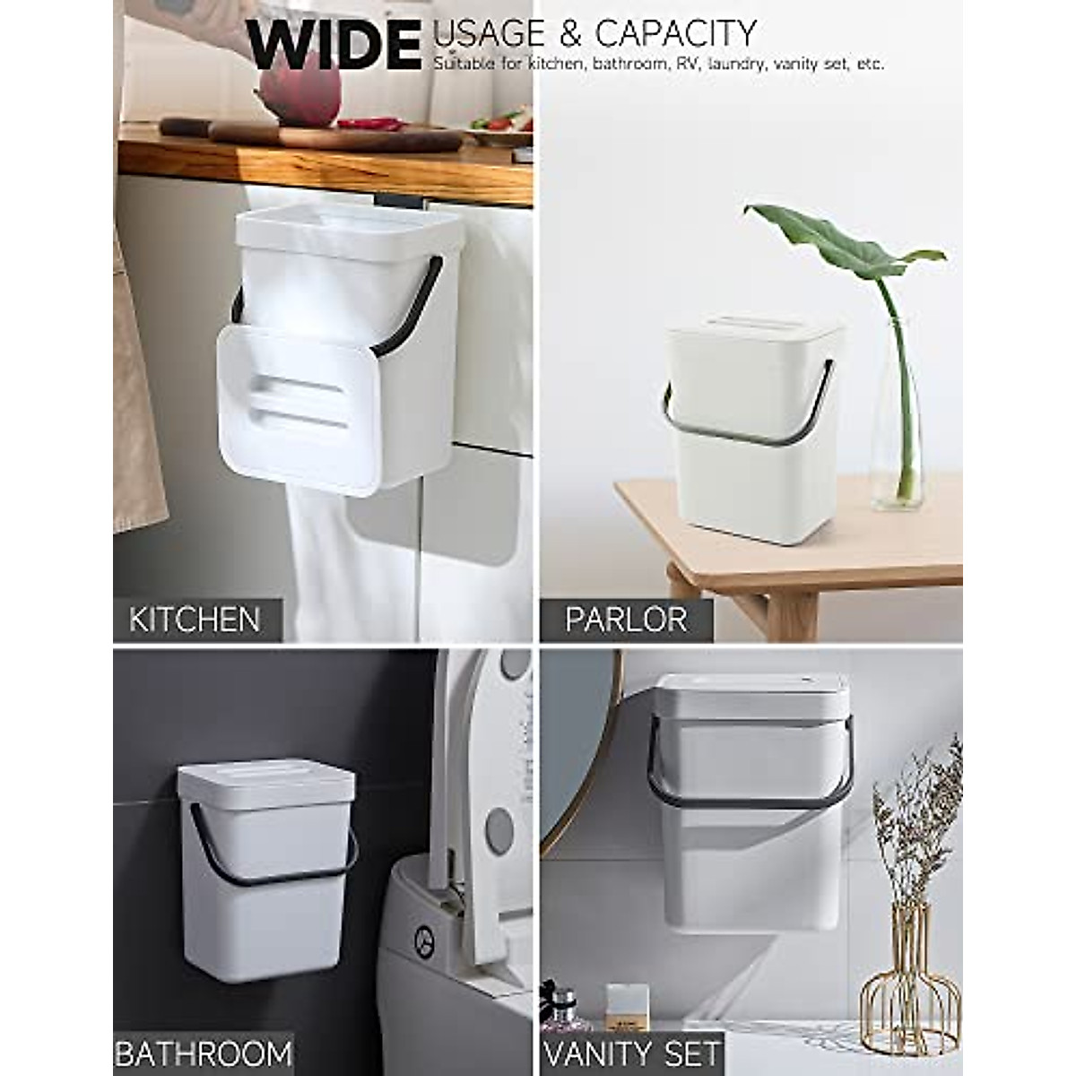 MONGTINGLU Countertop Compost Bin - 1.3 Gallons Hanging Small Trash Can with Lid for Kitchen Bathroom, Under Sink Kitchen Trash Can, Indoor Counter Compost Bucket with Lid, 5L(White)