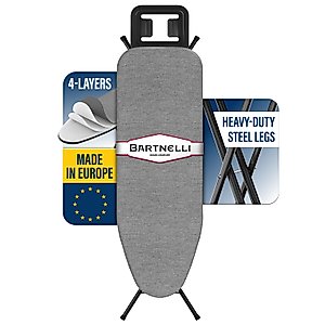 Bartnelli Ironing Board Made in Europe | Iron Board with 4 Layered Cover & Pad, Height Adjustable up to 36" Features A Safety Iron Rest, 4 Steel Legs, for Home Laundry Room or Dorm Use (43x14)