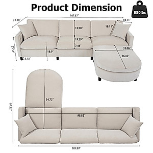 Hison 107" Convertible Sectional Sofa Couch 3 Seat L-Shaped Sofa with Ottoman and Two Pillows Space-Saving Sofas for Living Room,Dark Gray