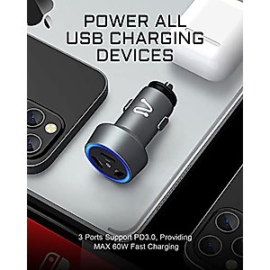 USB C Car Charger, Aergiatech 60W(20W Each) PD 3.0 Fast Car Charger Adapter 3-Port, Type C Car Charger Compatible with iPhone 13/13 Pro/12/12 Pro/11/X/SE, Galaxy S21/S20/Note20, iPad,Grey