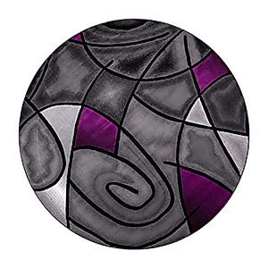 BizChair 7' x 7' Round Purple Abstract Area Rug - Olefin Rug with Jute Backing - Living Room, Bedroom, Family Room