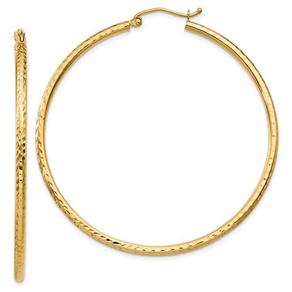 14K Yellow Gold Diamond Cut Tube Hoop Earrings, (2mm Tube) (50mm)