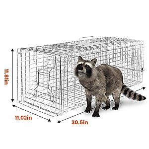 Moclever Live Animal Cage Trap Humane Cat Trap Cage Catch Release Live Animal Rodent Cage Collapsible Galvanized Wire for Rabbits, Stray Cat, Raccoon, Groundhogs, Mole,Gopher,Opossum-30.5X11.81X11 in