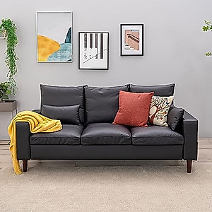 Panana Couch 3 Seater Loveseat Sofa with Storage Pockets for Living Room, Upholstered Faux Leather Sofa with 2 Pillows, Cushion Back Sofa for Bedroom, Home Office, Apartment