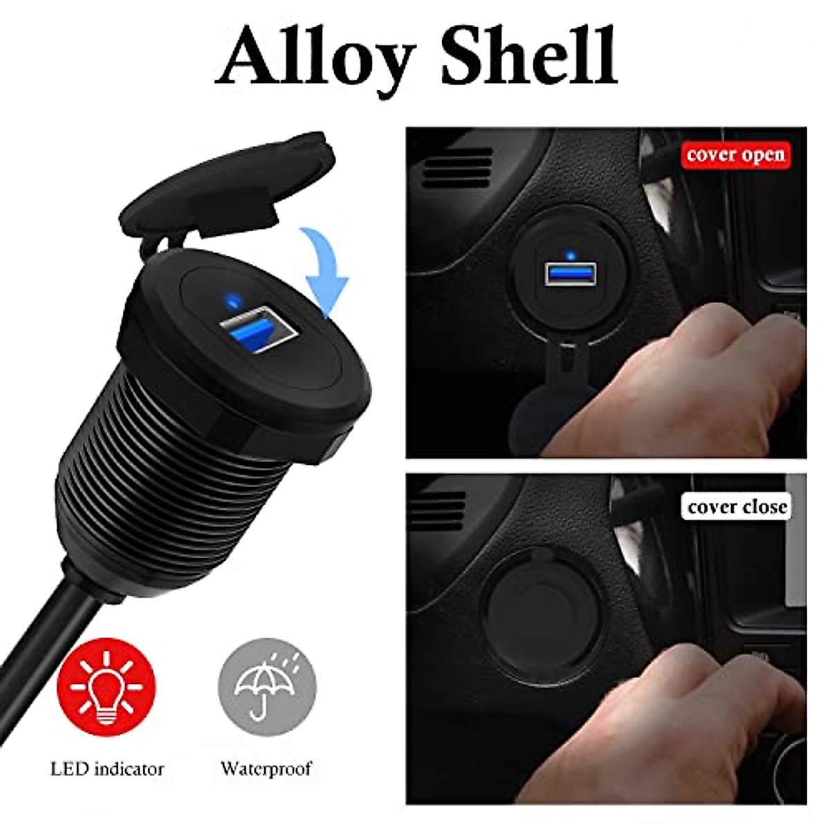 BATIGE Alloy Single Port USB 3.0 Dashboard Port Car Mount Flush Cable, Male to Female Waterproof Extension Cable for Car Truck Boat Motorcycle with LED Indicator - 3ft