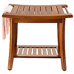 Utoplike Teak Shower Bench Seat with Handles, Portable Wooden Spa Bathing Stool with Storage Towel Shelf, 22" x 13" x 18.6",Waterproof,Perfect for Indoor and Outdoor Use