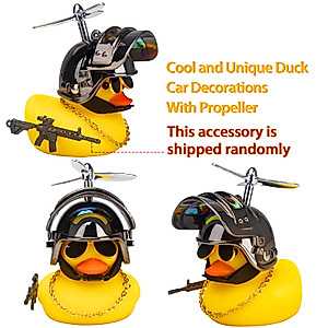 wonuu Rubber Yellow Duck Car Ornaments Cool Duck Car Dashboard Decorations with Propeller Helmet Sunglasses (Brilliant Black-Yellow G)