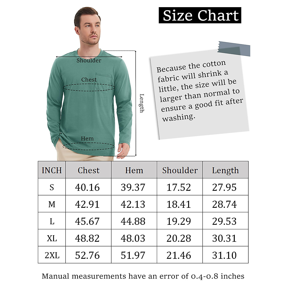 MAGCOMSEN Mens Long Sleeve Pocket T Shirt Breathable Cotton Shirt Lightweight Crew Neck Tee Shirt Grey Green,L