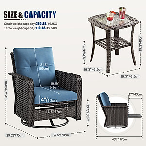 HWB 3 Piece Outdoor Patio Furniture Set Padded Rocking Chair with Retractable Footrest, Bistro Table and Chairs Set of 2, Swivel Glider Rocker Chair Couch with Cushions for Front Porch Balcony Garden