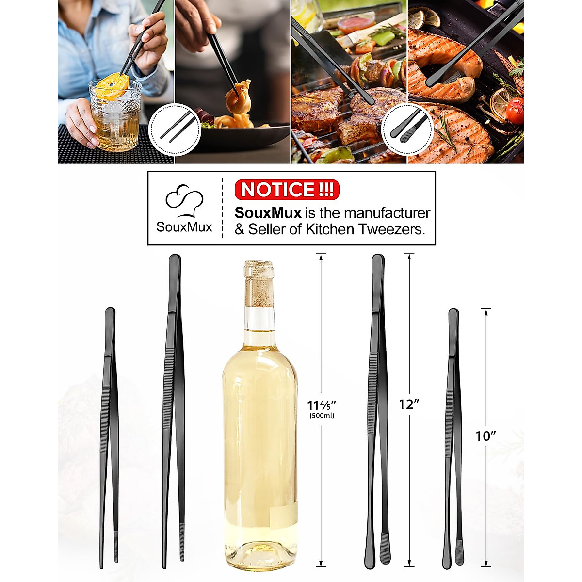 2 Pcs 10-inch Cooking Tweezers Tongs Precision Serrated Tips, Stainless Steel Professional Chef Tweezer Kitchen Tools for BBQ, Plating and Serving (Black)