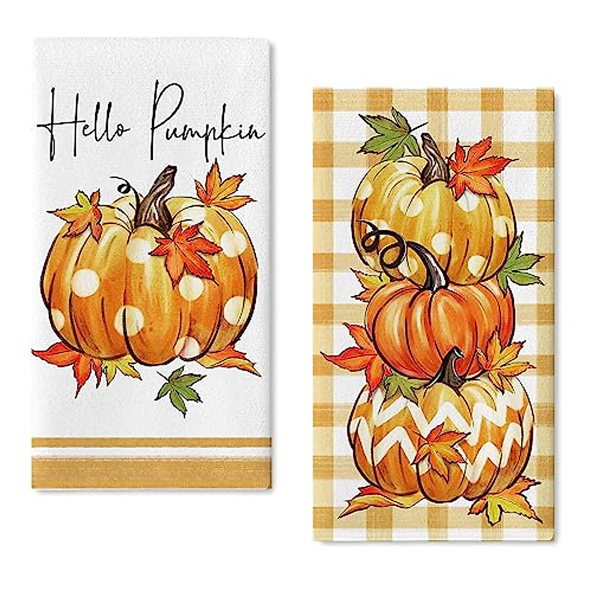 Seliem Fall Hello Pumpkin Patch Kitchen Dish Towels Set of 2, Autumn Maple Leaves Hand Towels Buffalo Plaid Check Drying Baking Cooking Cloth, Farmhouse Thanksgiving Home Kitchen Decor 18x26 Inch