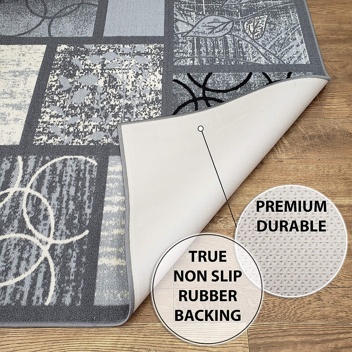 Indoor Doormat Rubber Backed,30 inch x 18 in, Grey Geometric, Non Slip, Kitchen Rugs and Mats