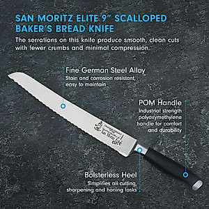 Messermeister San Moritz Elite 9” Scalloped Bread Knife - Fine German Steel Alloy Blade - Rust Resistant & Easy to Maintain
