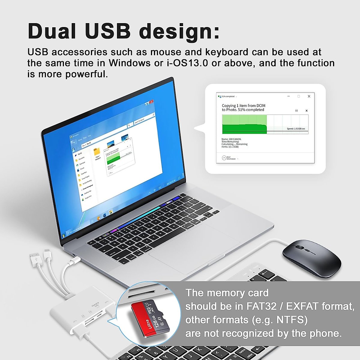 5-in-1 Memory Card Reader, USB OTG Adapter & SD Card Reader for i-Phone/i-Pad, USB C and USB A Devices with Micro SD & SD Card Slots, Supports SD/Micro SD/SDHC/SDXC/MMC
