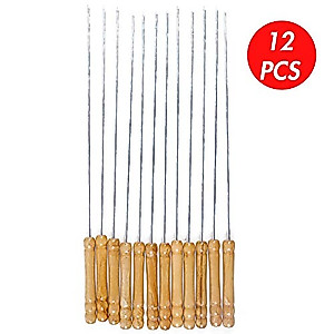 HAKSEN 12 PCS Barbecue Skewers with Wood Handle Marshmallow Roasting Sticks Meat Hot Dog Fork Best for BBQ Camping Cookware Campfire Grill Cooking, Stainless Steel,12 Inches(Including Handle)
