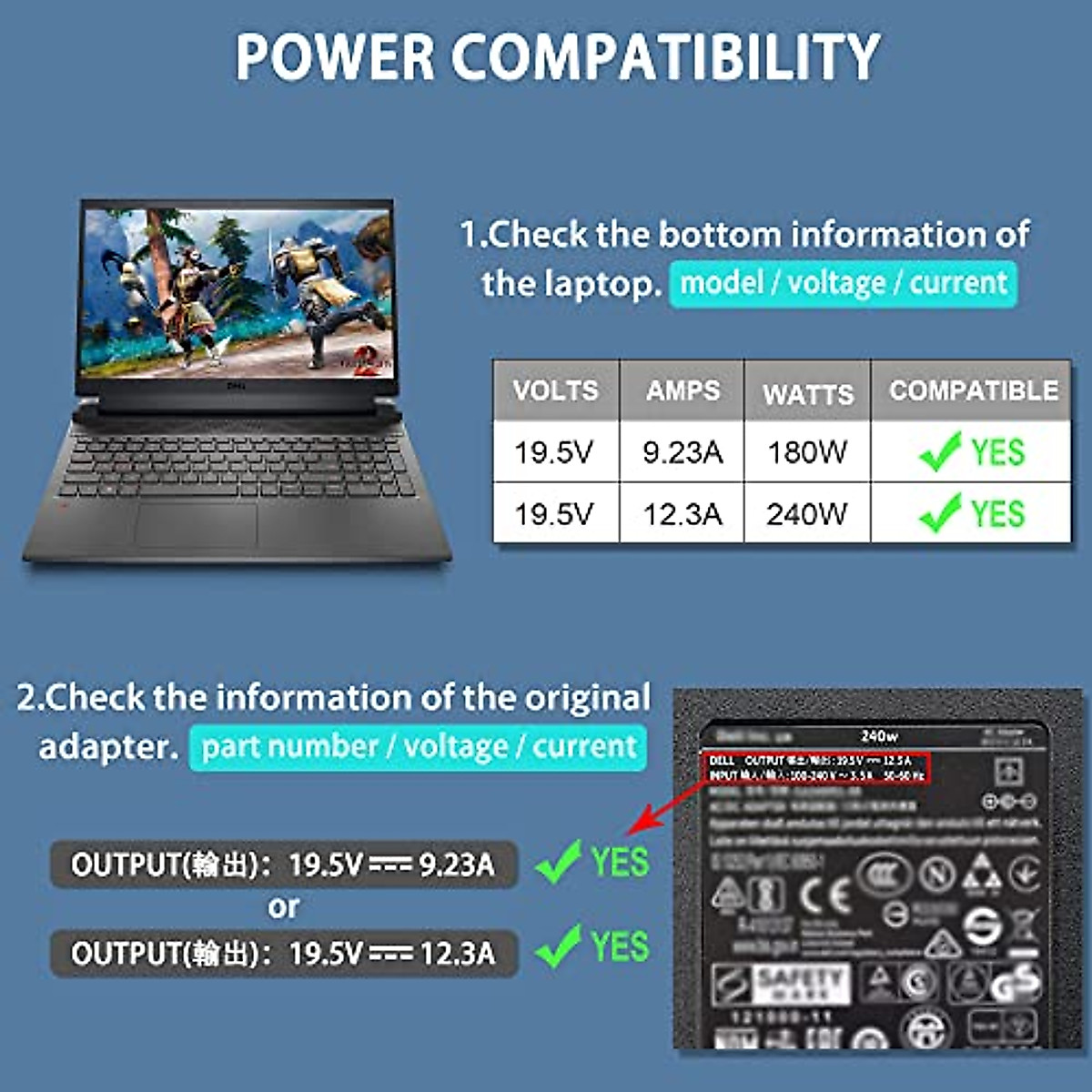 240W 180W Alienware Laptop Charger for Dell Precision 7710 7730 7520, Dell G3 G5 G7 G15 Laptop Charger Power Supply Cord