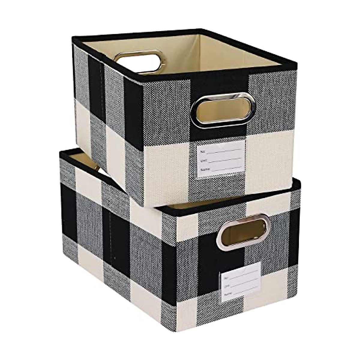 ANMINY 2PCS Storage Bins Set Cotton Linen Fabric Open Storage Basket Box Foldable Washable Rectangular Cube Organizer with Handles Label Window Pocket Thick PP Plastic Board - Medium, Black Plaid