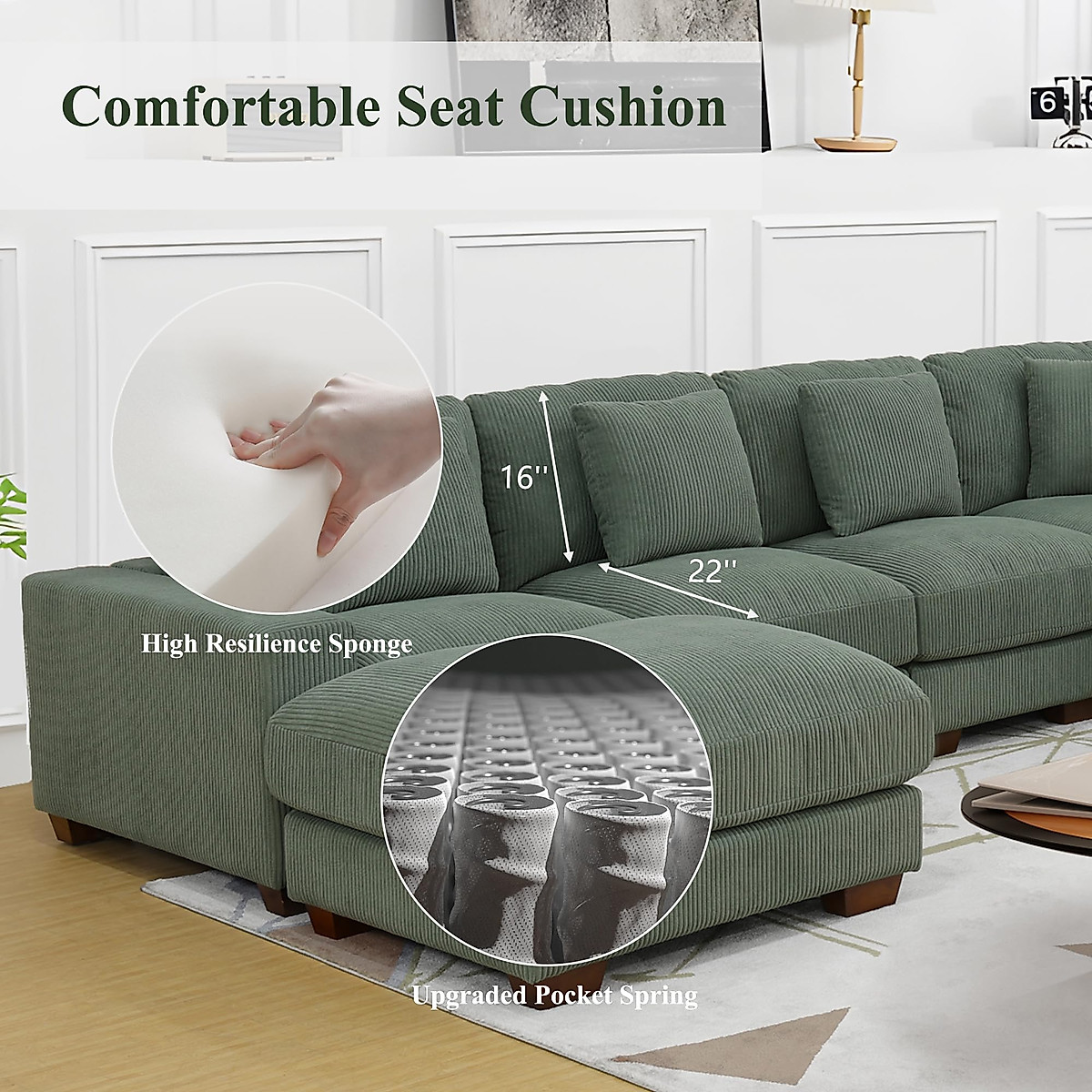 Plithzy Oversize Modular Sectional Sofa, U Shaped Convertible Couch for Living Room, Corduroy Fabric Sofa Set with Removable Ottoman (7 Seat Sofa Couch, Green)