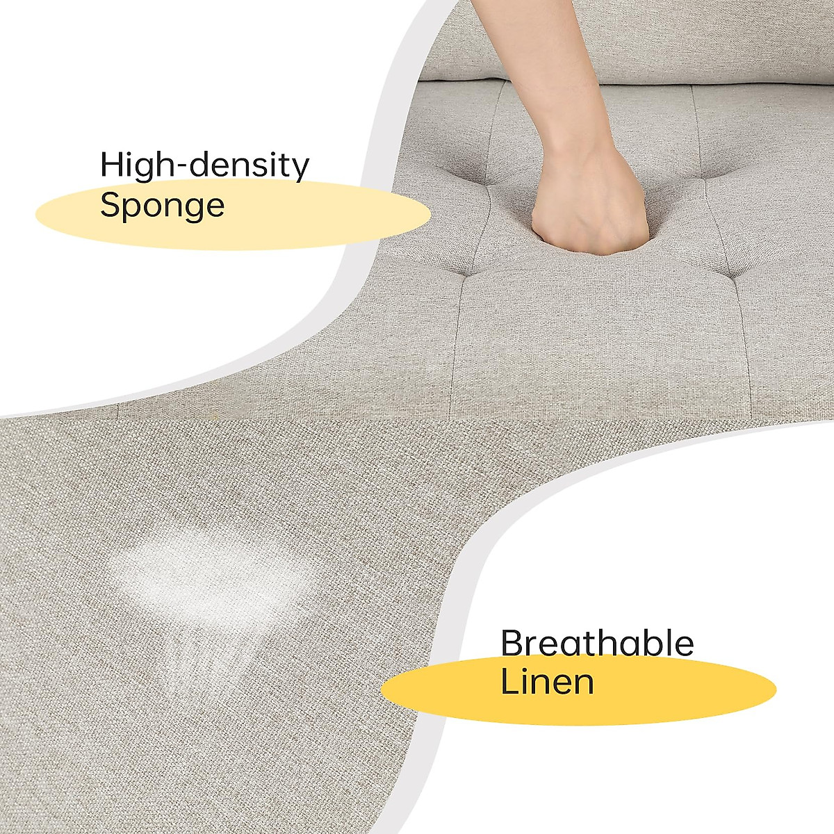 koorlian Beige Accent Chairs, Mid Century Modern Accent Chair with Track Armrest, Button Tufted Armchair, 2 Bolster Pillow, Linen Fabric Single Sofa Chair for Living Room/Bedroom/Office